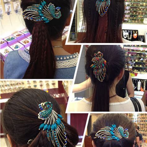 여자 여자 크리스탈 공작 헤어 클립 레트로 보헤미아 미용 도구 덕빌 헤어핀 클로 클램프hair Jewelry