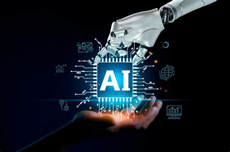 Ai 기계 학습 로봇 손 및 인간 터치 Ai 가상 아이콘은 인공 지능 두뇌와 인간의 교환을 나타냅니다 인간 생각의 교환 네트워크