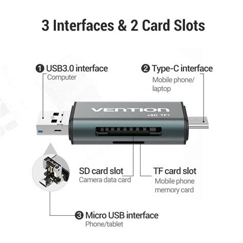 Vention Usb 3 0 Sd And Tf Card Reader 3 In 1 For Laptops Phones Tablets 256gb Capacity