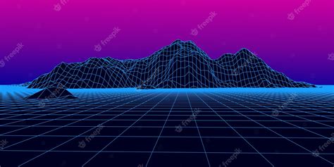 Premium Vector Abstract Wireframe Landscape 1980s Style Retro Futuristic Vector Grid