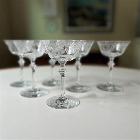 Set Of 6 Vintage Etched Champagne Tall Coupe Glasses Wetched Base