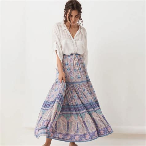 Lalic Boho Maxi Skirt Women Summer Autumn 2019 Floral Print High Waist Elastic Vintage Skirts