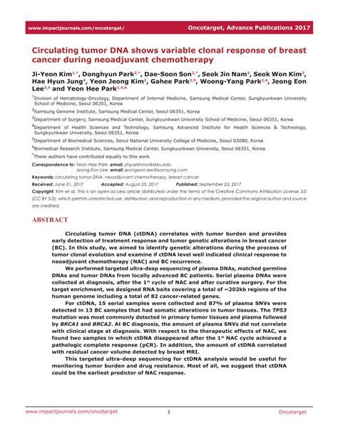 Pdf Circulating Tumor Dna Shows Variable Clonal Response Of Breast Cancer During Neoadjuvant