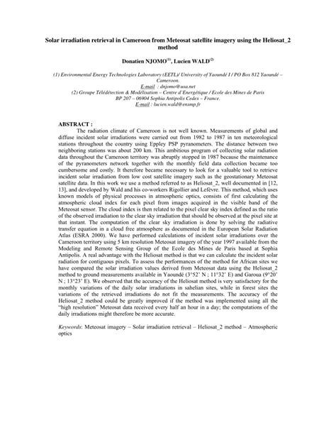 Pdf Solar Irradiation Retrieval In Cameroon From Meteosat Satellite Imagery Using The Heliosat