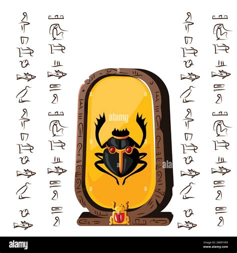 Stone Board Or Clay Tablet With Scarab Beetle And Egyptian Hieroglyphs Cartoon Vector