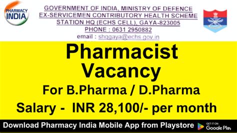 Government Pharmacist Job Opening At ECHS For B Pharma D Pharma Apply