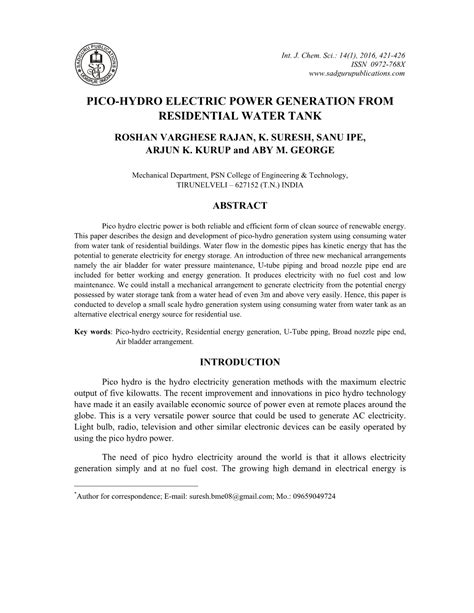 Pico Hydro Electric Power Generation From Residential Water Tank Docslib