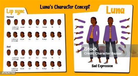 슬픈 아프리카 여교사 만화 캐릭터 Aka 루나 아프리카 교사 만화 캐릭터입니다 슬픈 표정과 립싱크 다양한 손 제스처와 정면 및 1 3 서 있는 포즈를 취하는 사업가 세트