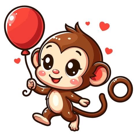 Cartoon Character Cute Monkey Holds A Red Balloon Vector Illustration