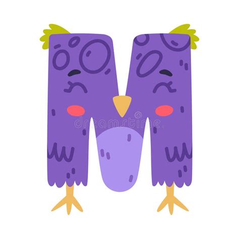 Bird Alphabet M Capital Letter Purple Consonant Letter With Eyes Beak