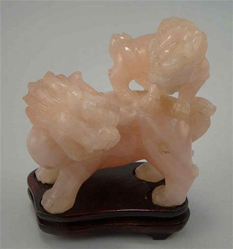 Lot Rose Quartz Figure Group In The Form Of A Guardian Lion And Its Young Height 4½ Length 4¼