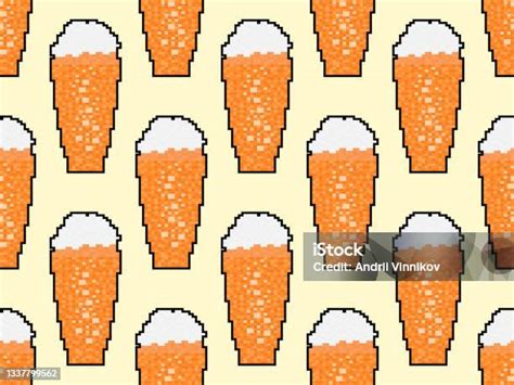 픽셀 맥주 원활한 패턴 맥주 픽셀 아트 의 유리 8 비트 머그잔 픽셀 음료 90 년대비디오 게임의 그래픽 스타일 게임 포장 및 광고를 위한 디자인 벡터 일러스트레이션 0명에