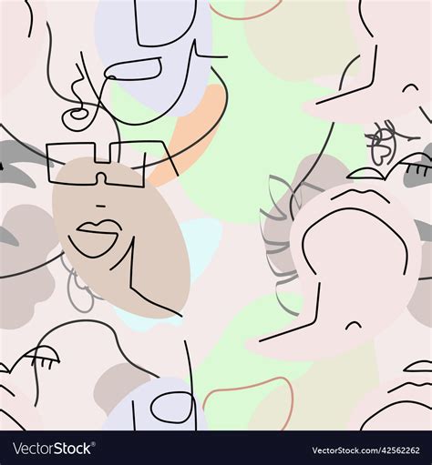 One Line Drawing Abstract Face Seamless Pattern Vector Image
