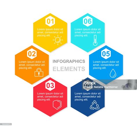 Vecto 일러스트 인포 그래픽 개념 아이콘 및 텍스트에 대 한 장소 육각형 다채로운 요소와 함께 흰색 바탕에 평면 스타일의 프리 젠 테이 션을 위한 다이어그램 템플릿입니다