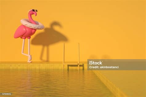 풍선 플라밍고와 수영장 노란색 배경에 여름 휴가 여행 개념 0명에 대한 스톡 사진 및 기타 이미지 0명 3차원 형태 계절 Istock