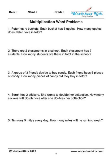 Multiplication Word Problems Worksheets For Grades To Free