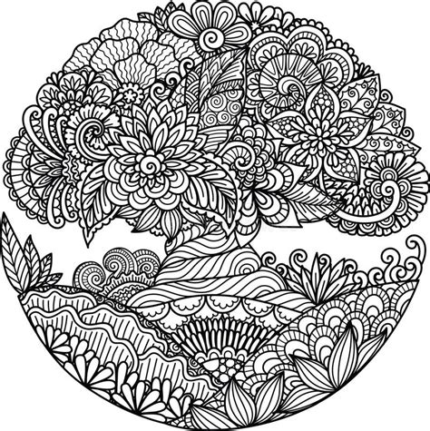 Beautiful Abstract Tree In Circle Shape For Design Element And Adult Coloring Book Pages Stock