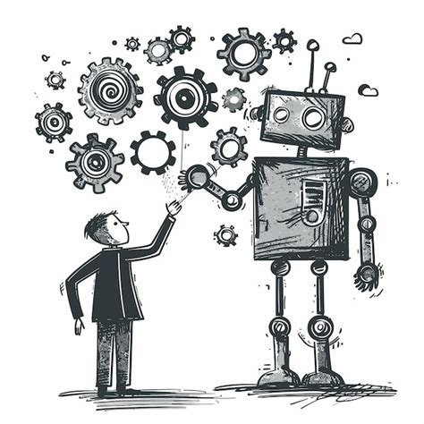 A Drawing Of A Robot And A Man With Gears And Gears Premium Ai