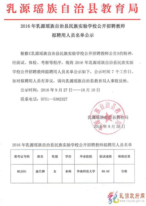2016年广东省韶关市乳源瑶族自治县民族实验学校教师招聘拟聘用人员名单公示 韶关教师招聘网