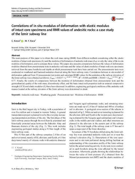 Pdf Correlations Of In Situ Modulus Of Deformation With Elastic Modulus Of Intact Core