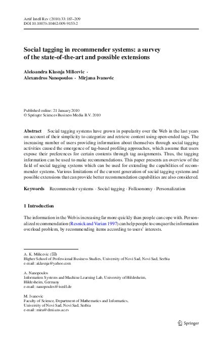 Pdf Social Tagging In Recommender Systems A Survey Of The State Of The Art And Possible
