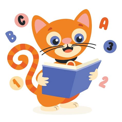 고양이 독서 책의 만화 그리기 프리미엄 벡터