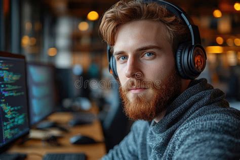 Focused Young Programmer With Headphones Coding At Office Desk A Snaps