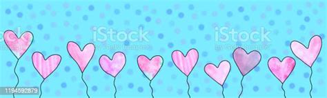 풍선 하트와 긴 수평 배너입니다 밝은 축제 쾌활한 여름 생일 발렌타인 데이 축하 사랑의 선언을위한 봄 배경 긍정적인 감정 표현에 대한 스톡 벡터 아트 및 기타 이미지