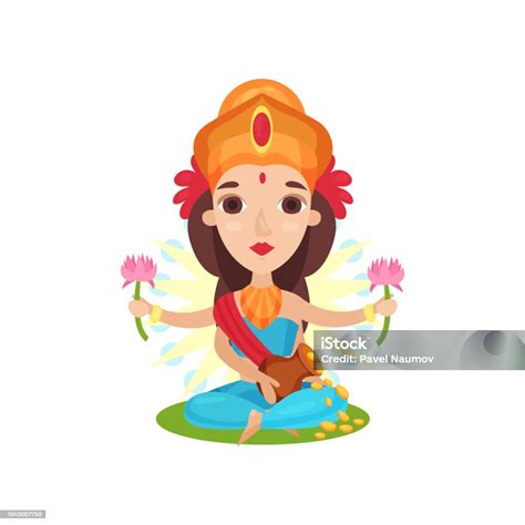 흰색 배경에 부 은혜와 매력 만화 벡터 일러스트 레이 션의 인도 여신 락 쉬 미와 Blessing에 대한 스톡 벡터 아트 및