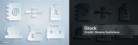 머니백 식별 배지 사용자 그룹 서류 가방 비즈니스 계층 구조 기관차트 인포그래픽 및 주소록 아이콘으로 계산기를 설정합니다 벡터 3차원 형태에 대한 스톡 벡터 아트 및 기타