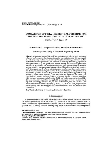 Comparison Of Meta Heuristic Algorithms For Solving Machining Optimization Problems Download