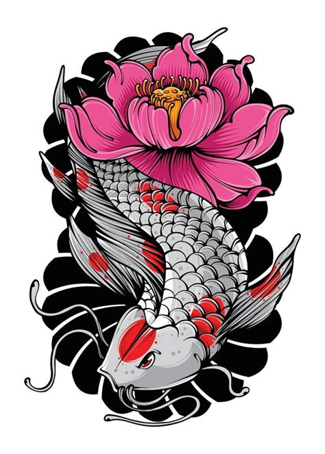 Koi Fish With Japanese Wave And Flowers Tattoo Japanese Illustration