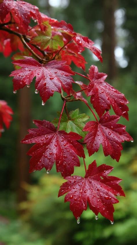 Red Maple Leaves With Water Droplets In Natural Light Moody Forest Background Stock Image