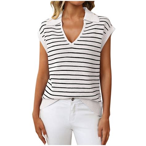 Cap Sleeve Tops For Women Casual V Neck Knit Sweater Vest Summer Striped Polo Shirts Fashion