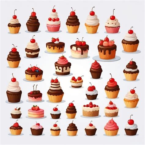 Premium Vector A Collection Of Cupcakes Including One With A Red