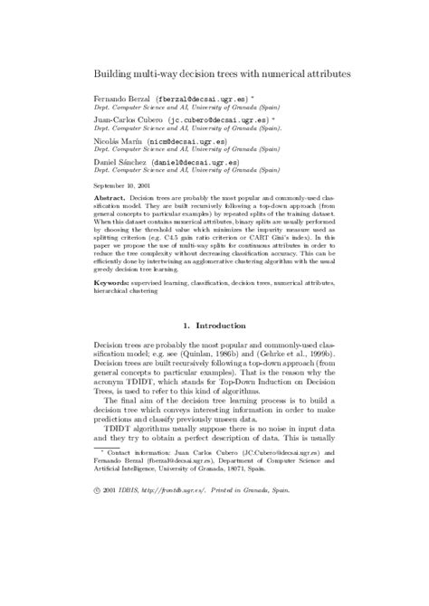 Pdf Building Multi Way Decision Trees With Numerical Attributes