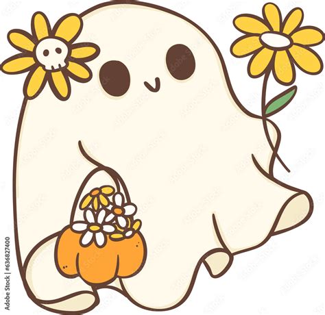 Cute Halloween Ghost With Flower Outline Kawaii Retro Spooky Boo Cartoon Outline Doodle