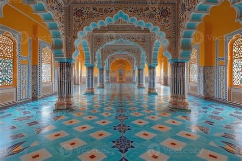 Symmetrical Interior Of Building With Blue Tiled Floor And Arched Walls Showing Asian