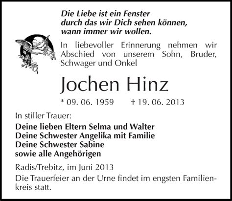 Traueranzeigen Von Jochen Hinz Abschied Nehmen De