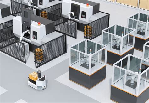 Agv Passing Robot Cell Production Units And Cnc Machines Stock