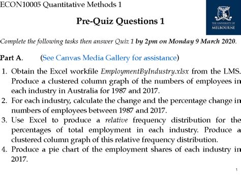 Qm1 Pre Quiz 1 Tutorial Work Econ10005 Quantitative Methods 1 Pre Quiz Questions 1 Part A