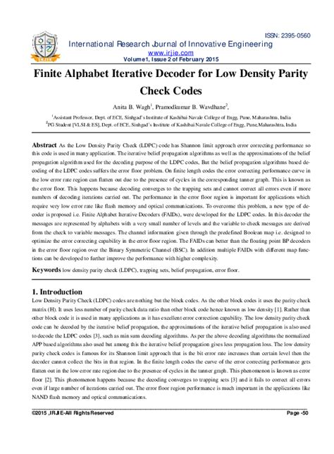 Pdf Finite Alphabet Iterative Decoder For Low Density Parity Check Codes
