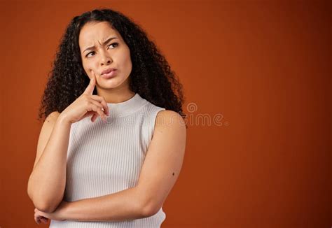 Woman Thinking And Studio For Decision Choice And Hand Gesture In