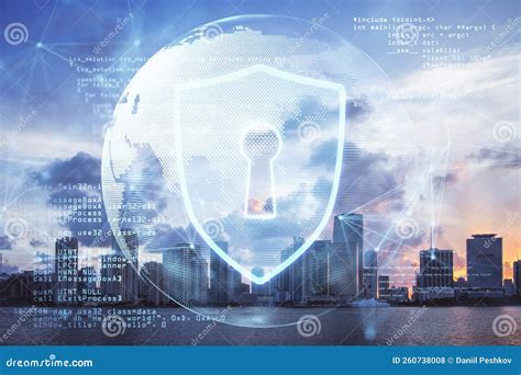 Creative Safety Hologram With Globe And Coding On Blurry Night City And