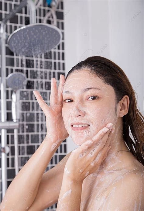 Woman Washing Face In Shower Foaming In The Bathroom Photo Background