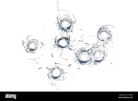 Broken Glass Multiple Bullet Holes In Glass Isolated On White