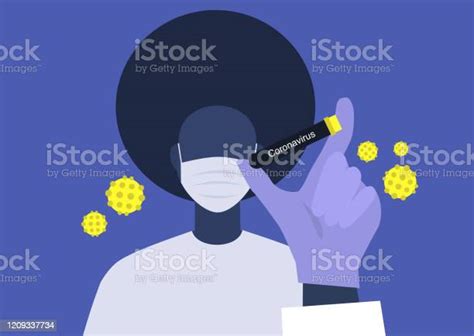 코로나바이러스 검정관을 들고 있는 흑인 여성 의사 의료 건강 바이러스 발병 보호 마스크에 대한 스톡 벡터 아트 및 기타 이미지