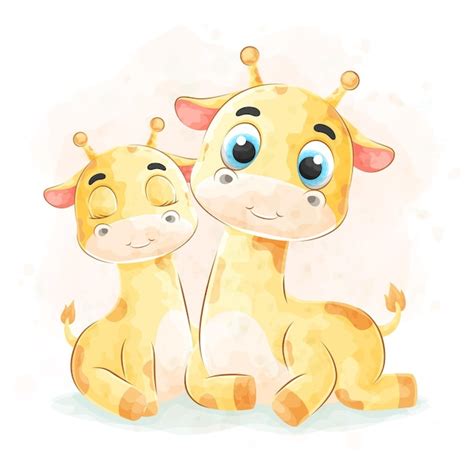 Mignonne Petite Girafe Avec Illustration Aquarelle Vecteur Premium
