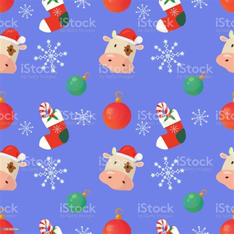 크리스마스 양말 Baubles 눈송이와 산타의 모자를 입고 황소와 2021 새해 원활한 패턴 2021년에 대한 스톡 벡터 아트 및 기타 이미지 Istock