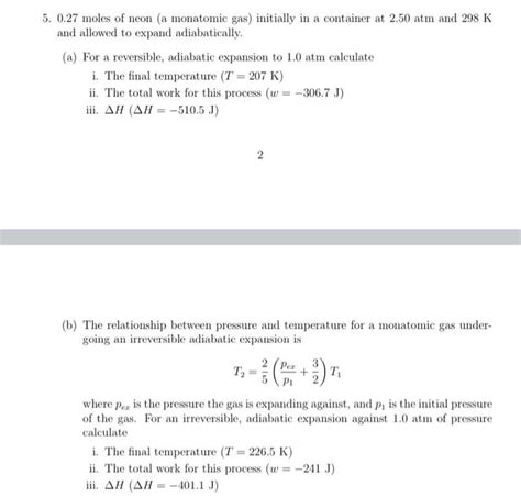 Solved Moles Of Neon A Monatomic Gas Initially In Chegg